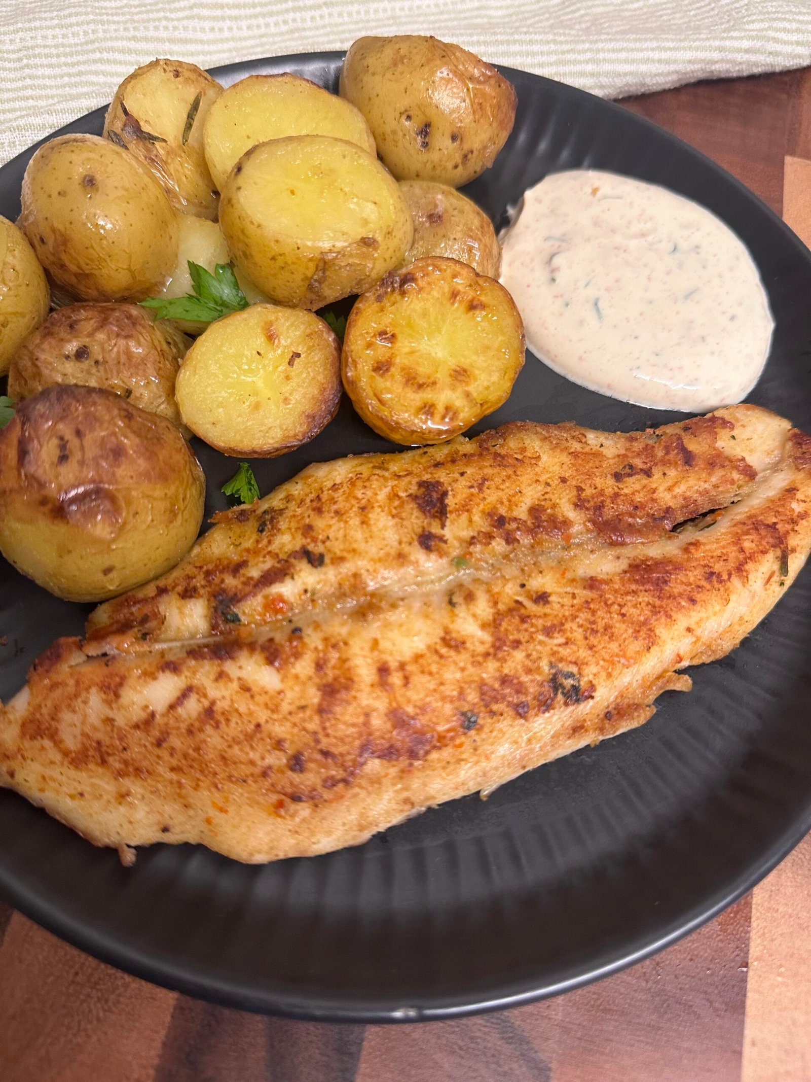 Pan-Fried Basa Fish with Golden Baby Potatoes & Cream Sauce